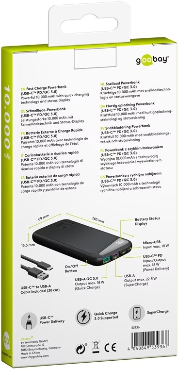 Goobay Schnelllade-Powerbank (10000 mAh, 22.50 W, 37 Wh) - Galaxus