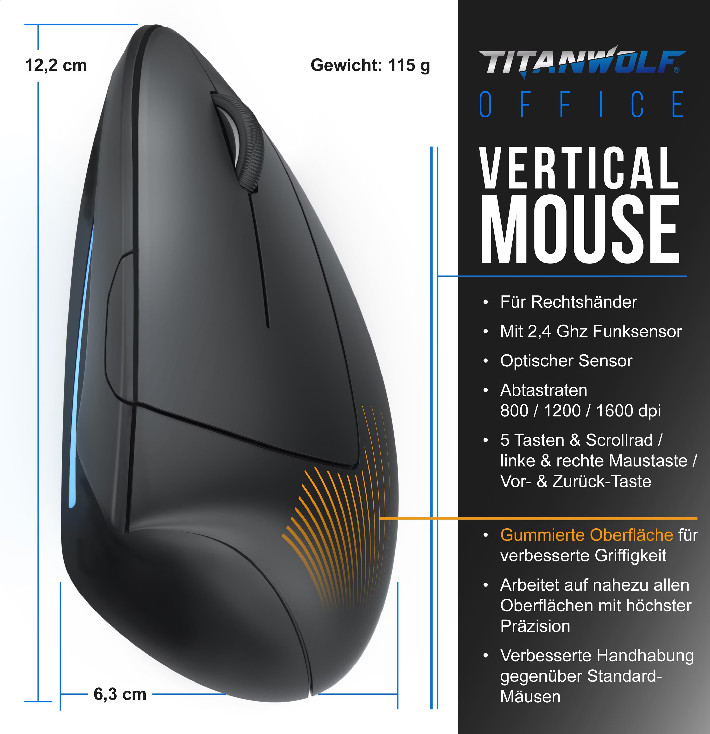 Titanwolf Maus Vertikal wireless - ergonomische Funk Vertikalmaus 2,4 ...