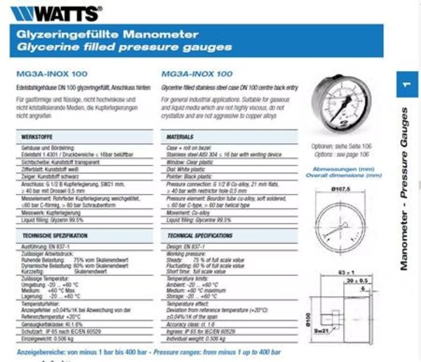 Watts Csslr Plus glycerin fyldt manometer Ø100 x ½" bagudvendt tilsl. RF stål. Type MG3A-INOX ...