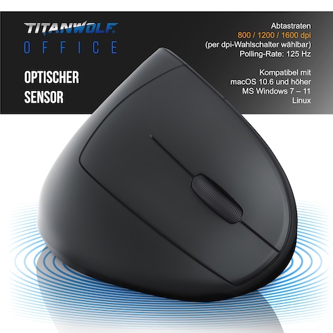 Titanwolf Maus Vertikal wireless - ergonomische Funk Vertikalmaus 2,4 ...